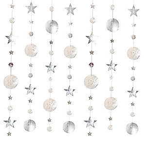 3 Pack Silver Party Decorations Moon Star Garland Ramadan Hanging Stars Circle Streamer Banner Backdrop Background for Wedding Birthday Christmas New Year EID Graduation Decor