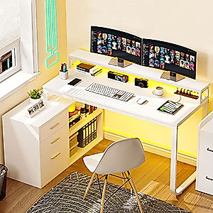YITAHOME L Shaped Desk with Power Outlets & LED Lights & File Cabinet, 55" Corner Computer Desk with 3 Drawers and 2 Storage Shelves, Home Office Desk with Monitor Stand, White