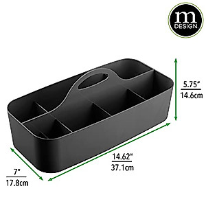 mDesign Large Plastic Divided Office Storage Organizer Caddy Tote with Handle for Cabinet, Desk, Workspace - Holds Desktop Supplies, Pens, Pencils, Markers, Staplers - Lumiere Collection - Black