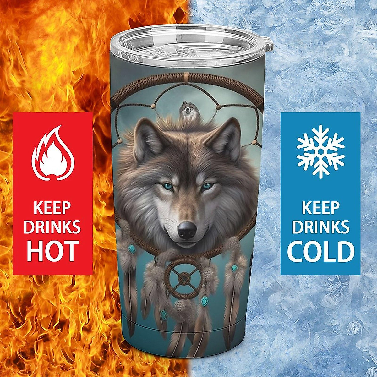 ZXDSKGYN 20 Oz Tumbler With Straw Leak Proof Thermos Cup, 3D Wolf Dream Catcher Stainless Steel Insulated Travel Coffee Mug Fit for Car Cup Holder