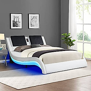Epinki Faux Leather Upholstered Platform Bed Frame with Led Lighting, Bluetooth Connection to Play Music Control, Backrest Vibration Massage, King
