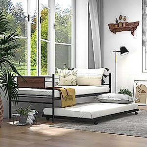 Giantex Metal Daybed with Trundle, Twin Size Day Bed with Wood Grain Headboard & Metal Slat Support, Space-Saving Trundle Sofa Bed for Living Room Guest Room, Easy Assembly, No Box Spring Needed
