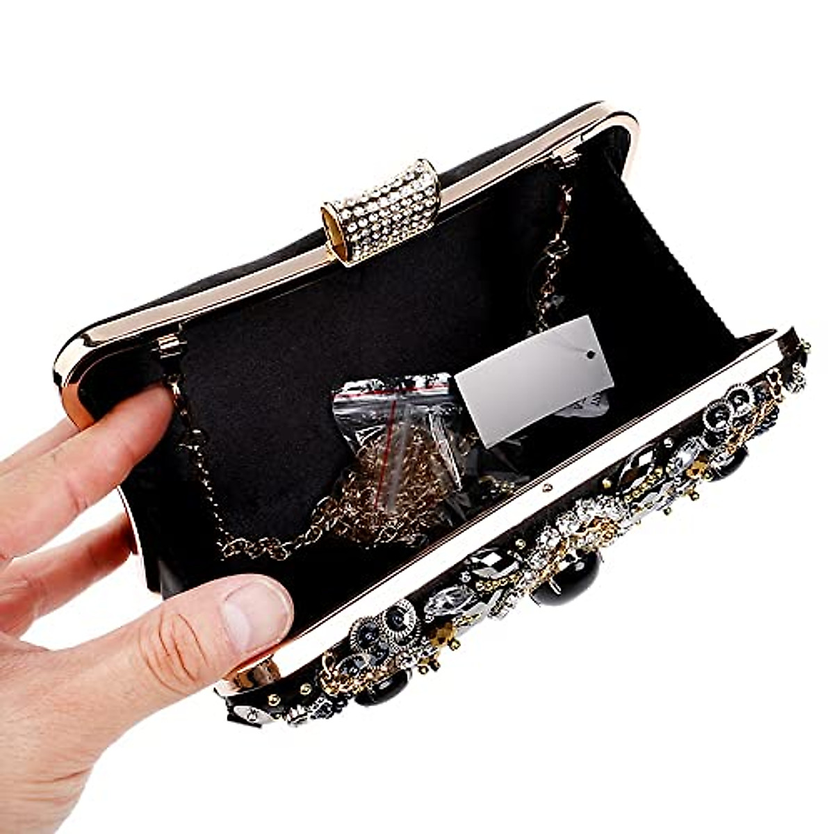 Small Beaded Clutch Purse Elegant Black Evening Bags Wedding Party Clutch Handbag Metal Chain Shoulder Bags