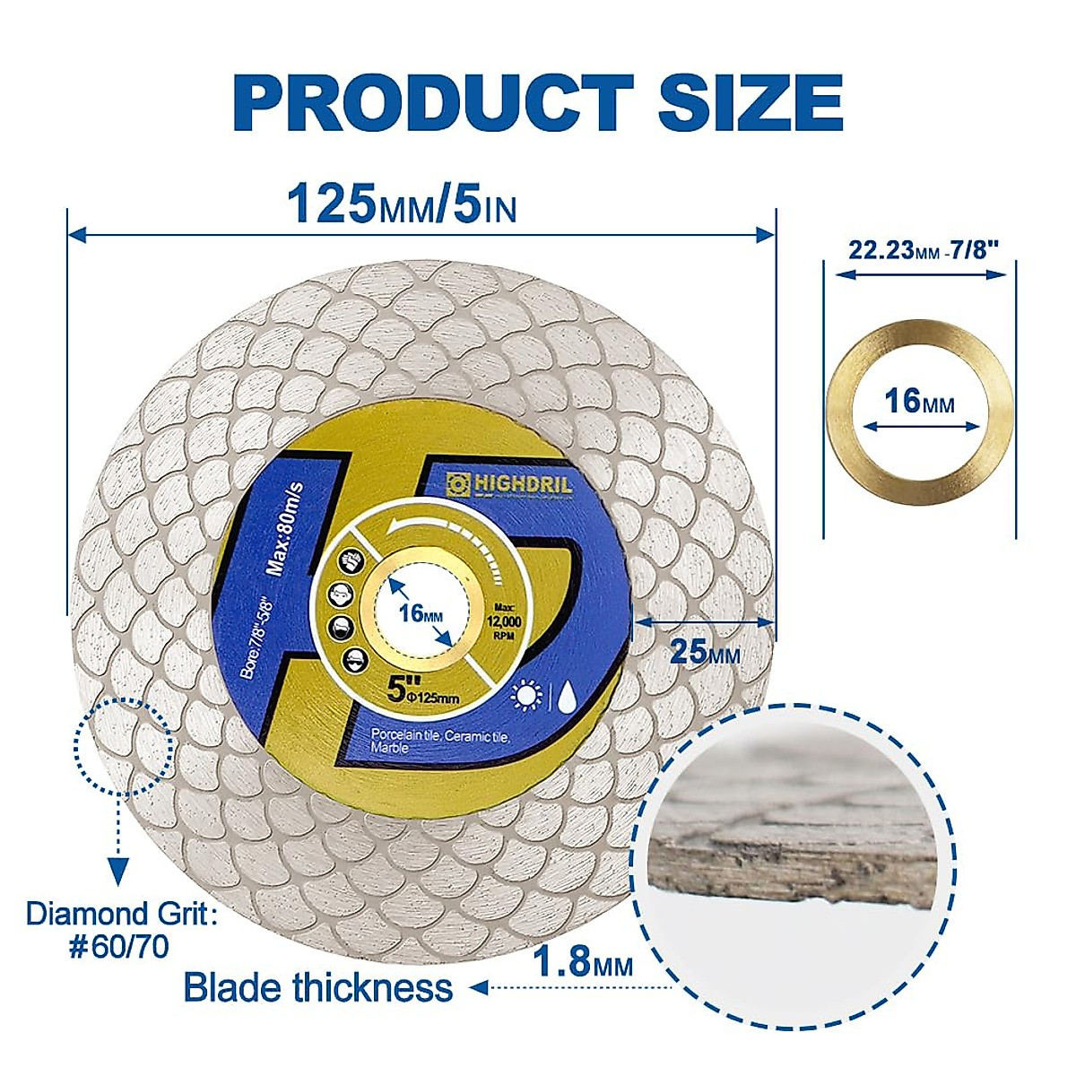 HIGHDRIL Diamond Tile Saw Blade - 5 Inch/125mm Cutting and Grinding Disc for Porcelain Tile Granite Marble Ceramic Quartz (Fan-Shaped Blade)
