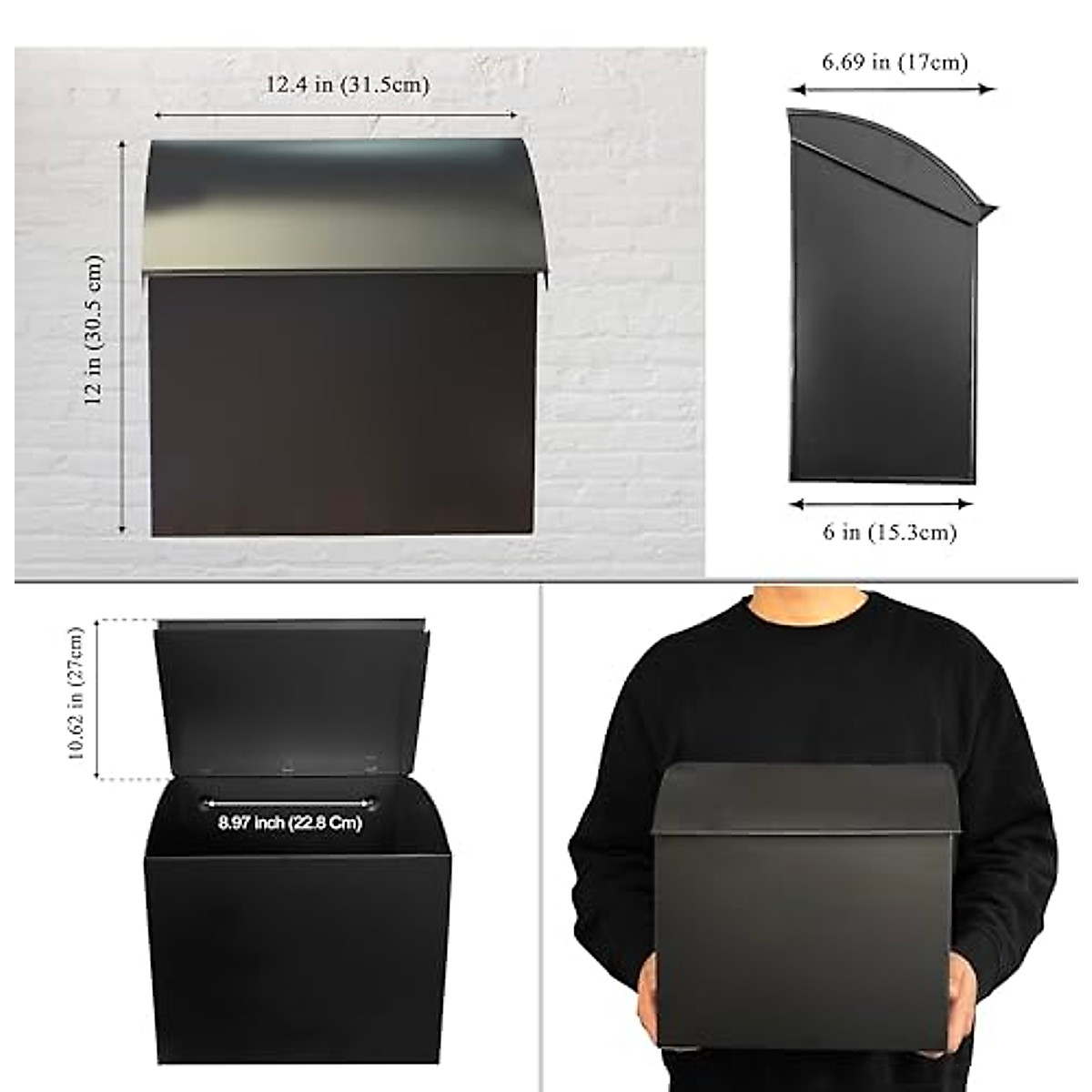 NACH Large Mailbox for House, 12.4”x7.1”x11.8 Black Mailboxes for Outside, Waterproof Mailbox - Baxter-Style Wall Mount Mailboxes for Outside