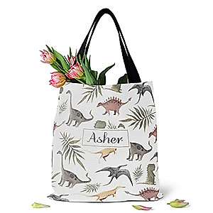 Yeshop Cheerful Dinosaur Personalized Canvas Tote Bags, Reusable Bags for Shopping,Travel,School Handbag Gift,14.17inch x 14.57inch