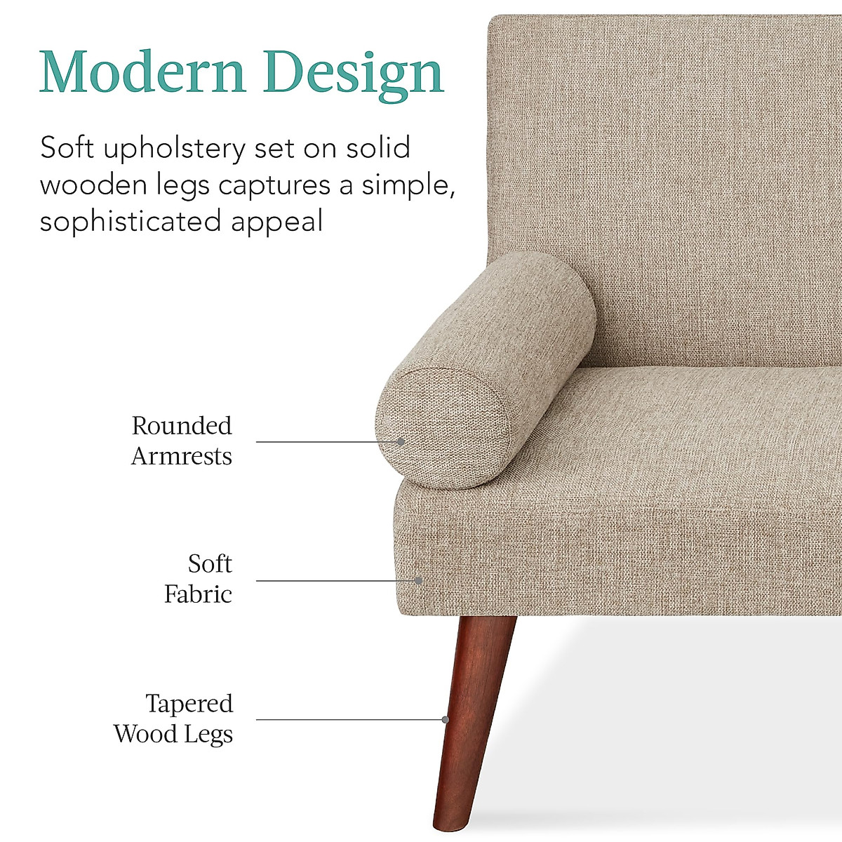 Best Choice Products Mid-Century Modern Upholstered Futon, Convertible Folding Sofa Bed, Small Couch w/Rounded Armrests, 2 Cupholders - Sand