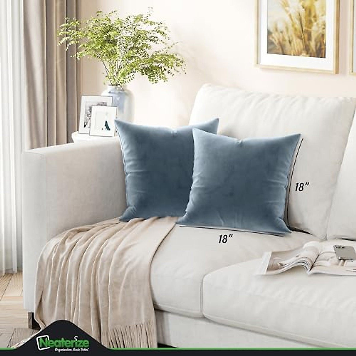 NEATERIZE Premium Velvet Pillow Covers 18x18 Dusty Blue - Washable Decorative Fabric Throw Pillow Covers for Couch or Bed - Set of 2