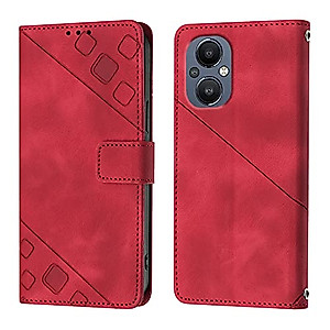 ONV Wallet Case for OnePlus Nord N20 5G - Solid Color Skin Flip Phone Case with Wrist Strap Card Holder Magnet Leather Shell Flip Stand Cover for Oppo Reno 7Z 5G / A96 5G / Reno 8 Lite 5G [005] -Red