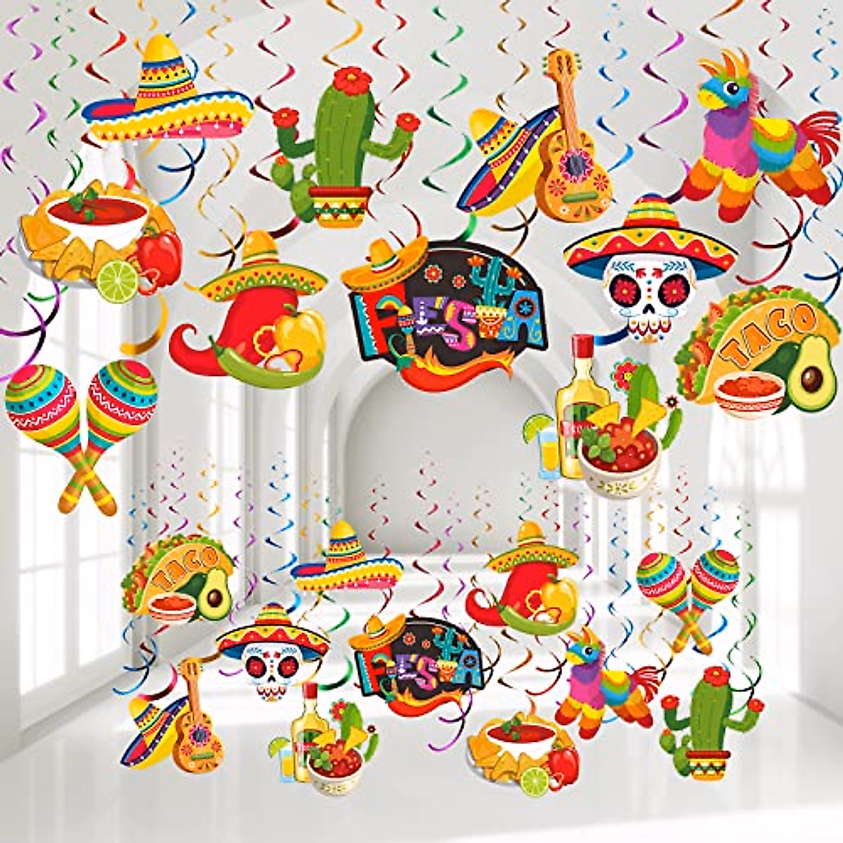 Sepamoon 51 Pcs Mexican Fiesta Hanging Swirl Decorations Cinco De Mayo Party Supplies Taco Twosday Bout a Birthday Theme Ceiling Decoration Boys Girls Shower