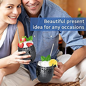 LINALL Moscow Mule Mugs- Set of 4 Gunmetal Black Plated Stainless Steel Mug 18oz, Measuring Cup, Cocktail Picks for Chilled Drinks (4pcs)