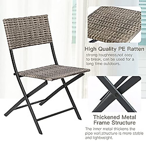 NURTUDIS 3pcs Folding Patio Bistro Set,Outdoor Rattan Bistro Table and Chairs,Wicker Outdoor Chair Furniture Set with 1 Table & 2 Chairs,No Assembly for Garden,Porch,Balcony,Courtyard,Lawn (Grey)