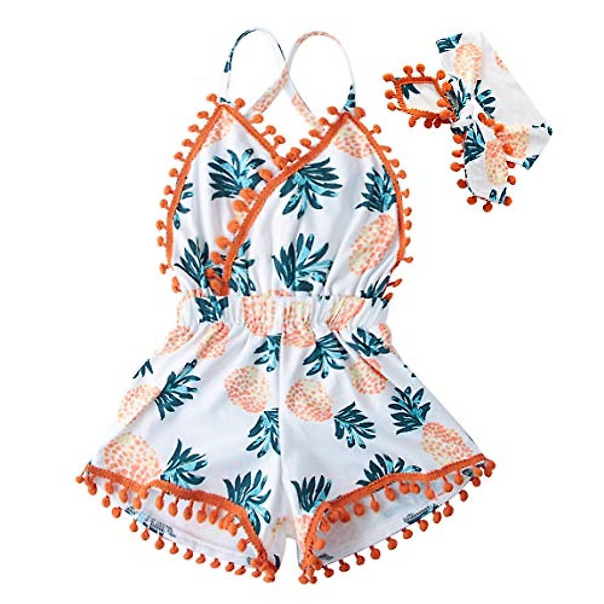 UNICOMIDEA 18-24 Months Toddler Girls V Neck Clothes Novely Pinapple Print Jumpsuits Sleeveless Outfit Set Strap Backless Pompom Bodysuit with Bow-Knot Headband for 2 Years Old's Kids