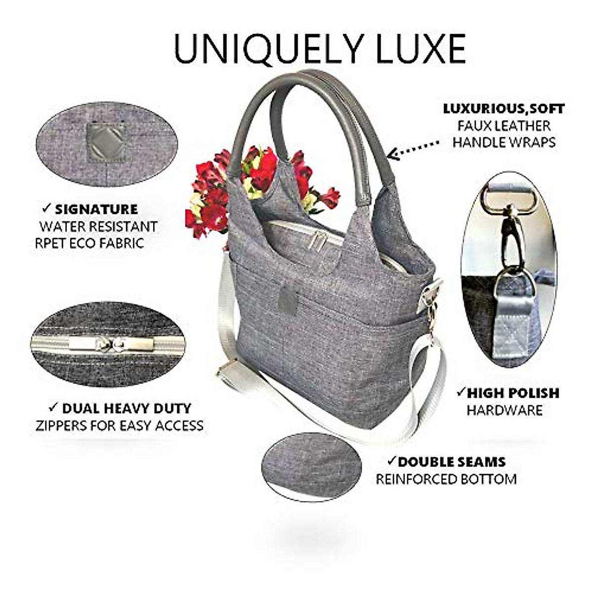 Lunch Bags for Women, Insulated Tote Bag, Large Fashionable Lunch-box Totes | Crossbody Womens Bags for Work | Big Cooler Purse, Removable Shoulder Strap, 4 Pockets | Simple Modern Lunch-Boxes Grey