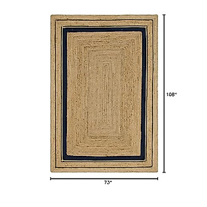 Unique Loom Braided Jute Collection Classic Quality Made Hand Woven with Coastal Design Area Rug, 6 ft x 9 ft, Natural/Navy Blue