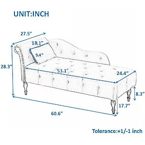 Tufted Upholstered Velvet Rolled Arm Chaise Lounges Indoor Chair, Right Arm Facing Chaise Lounge with Nailhead Trim for Living Room Bedroom Office(Light Pink)