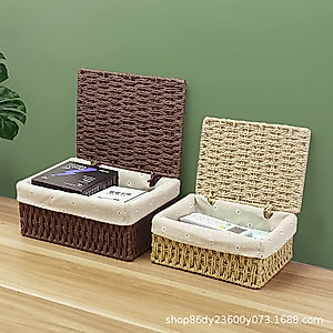 Straw Desktop Storage Basket Desktop Is Not Messy Used For Storage Of Daily Necessities Bedroom Kitchen Storage Box Cloth Art Dustproof Three-Piece Set (Beige)