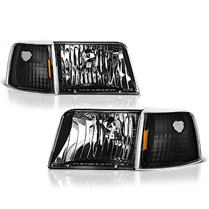 VIPMOTOZ Black Housing OE-Style Headlight & Corner Side Marker Lamp Assembly For 1993-1997 Ford Ranger, Driver & Passenger Side
