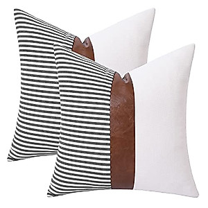 Mecatny Boho Throw Pillows 18x18 Set of 2 - Farmhouse Decorative Throw Pillows with Inserts Included - Brown Faux Leather Modern Stripe Patchwork Linen Accent Throw Pillows for Couch Bed Sofa, Grey