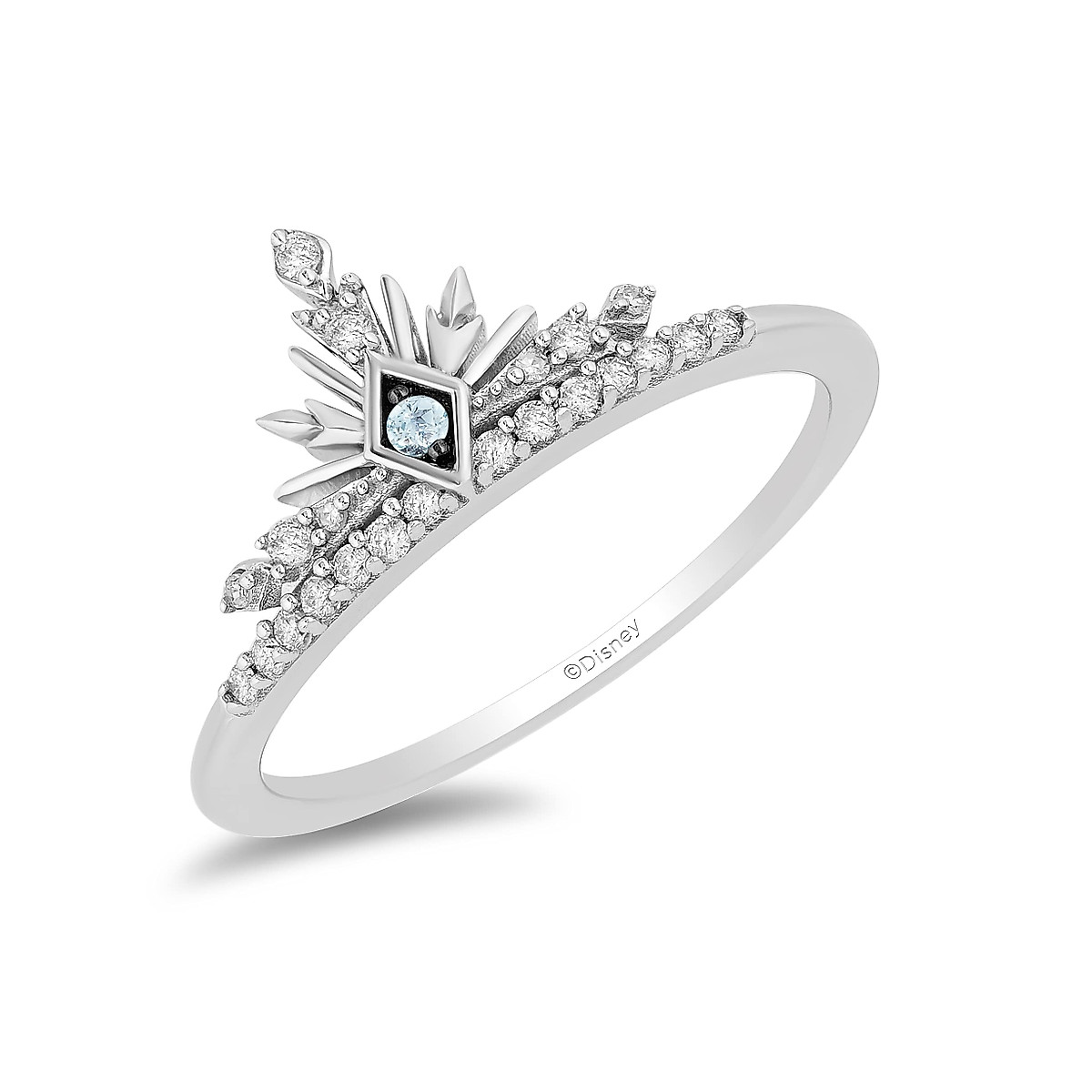 Jewelili Enchanted Disney Fine Jewelry Sterling Silver with 1/4 CTTW Diamonds and Swiss Blue Topaz Elsa Snowflake Ring Size 7
