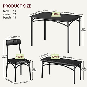 GAOMON Dining Table Set for 4, Kitchen Table with Upholstered Chairs and Bench, 4-Person Dining Room Table Set, Rectangular Kitchen Table Set for Small Space, Apartment, Home, Studio, Rustic Black
