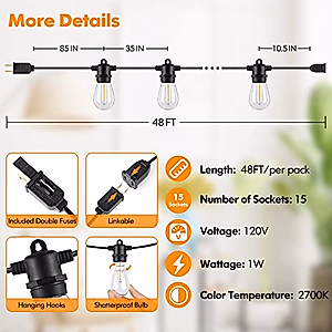 2-Pack 96FT(48×2) Outdoor String Lights for Patio with Waterproof Shatterproof Dimmable 2700K E12 LED Filament Bulbs, Linkable Commercial Grade Black Hanging String Lights for Garden Porch Backyard