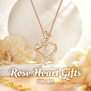 JSJOY Heart Necklace for Teen Christmas Gifts Women Initial Necklaces for Women Rose Flower Letter S Necklace Initial Jewelry Birthday Gift Stocking Stuffers for Teens