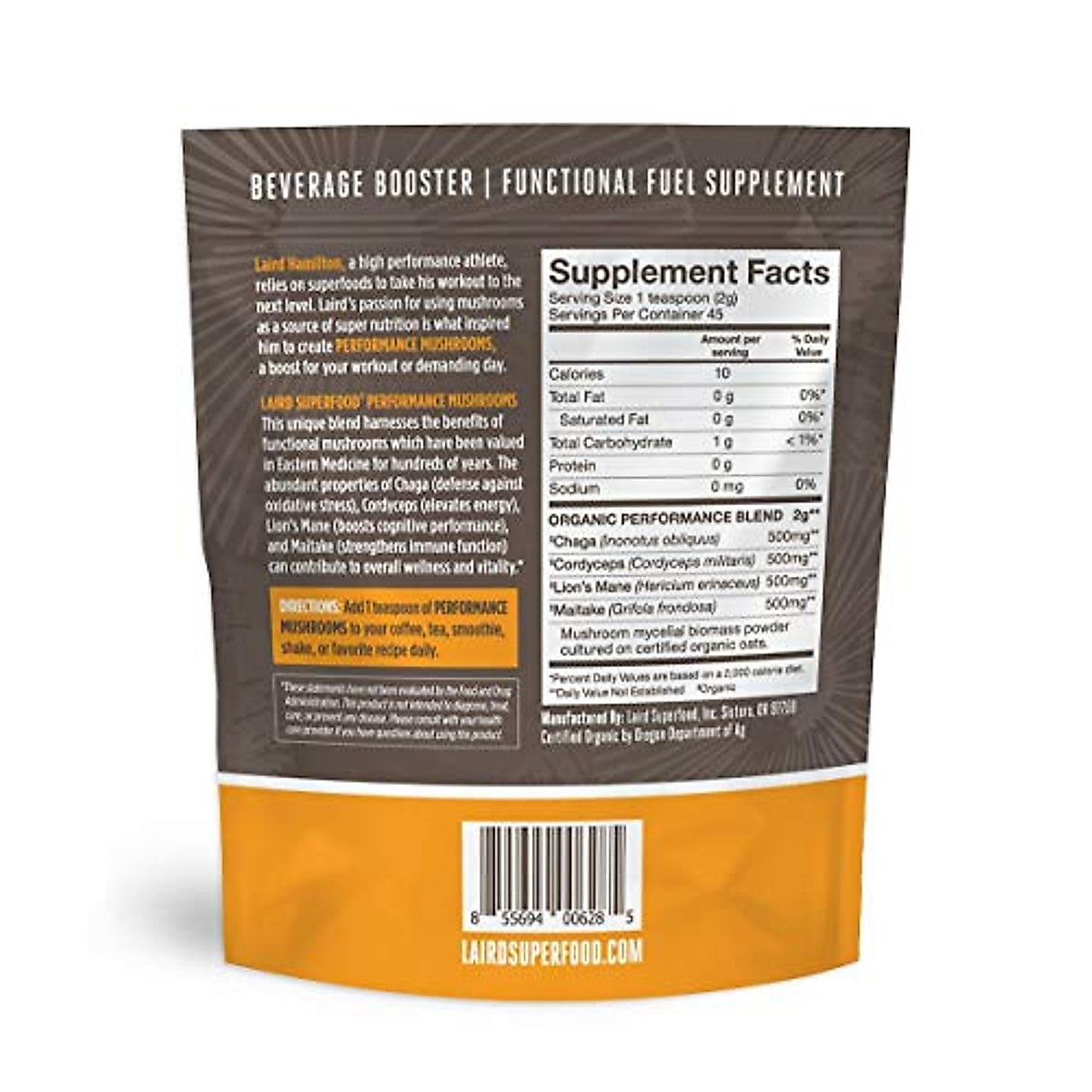 Laird Superfood Organic Performance Mushroom Blend with Chaga, Cordyceps, Lion's Mane and Maitake for Energy and Cognition, 3.17 oz. Bag, Pack of 1