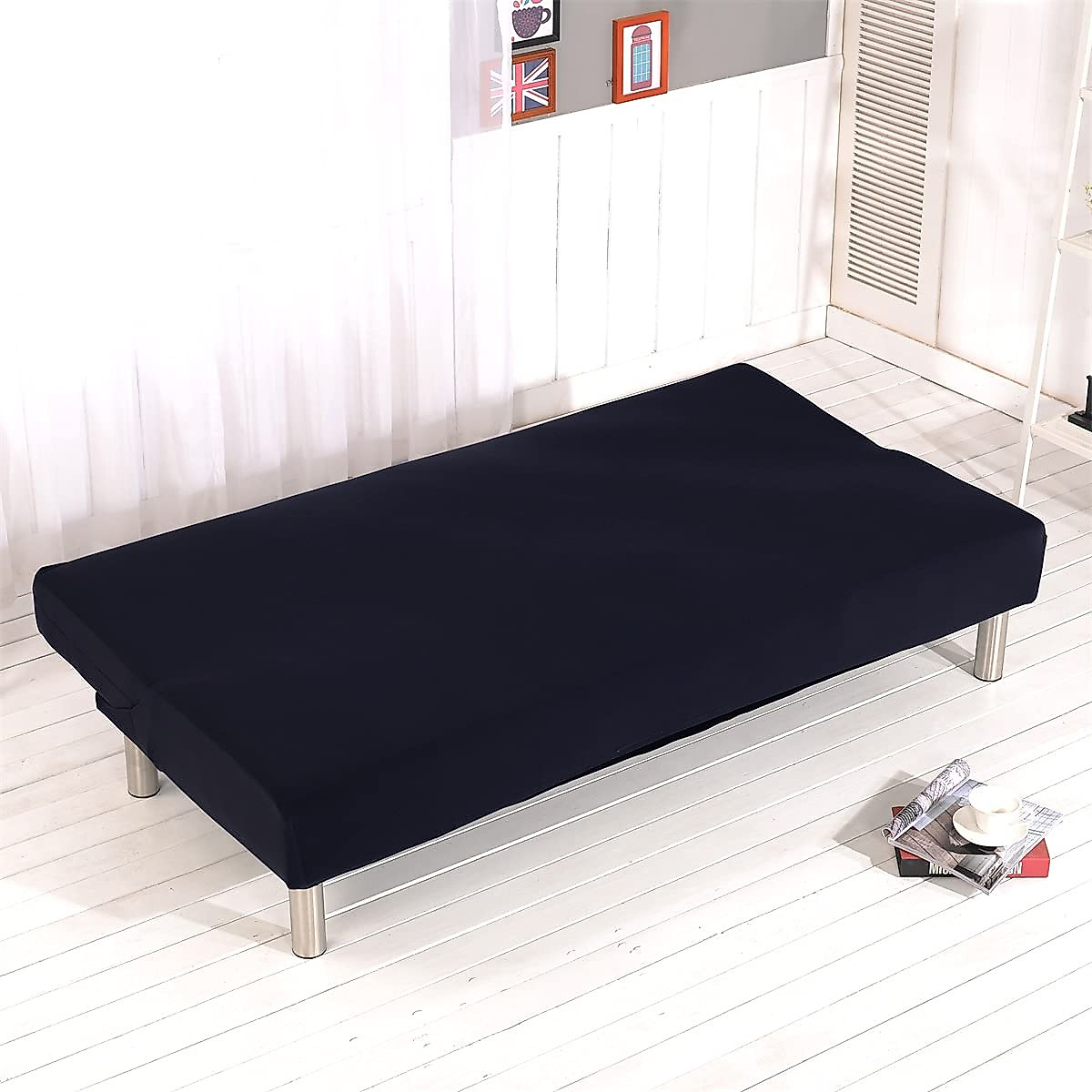 Stretch Futon Cover Armless Sofa Slipcover Foldable Sofa Bed Covers with Elastic Bottom, Machine Washable (Black)
