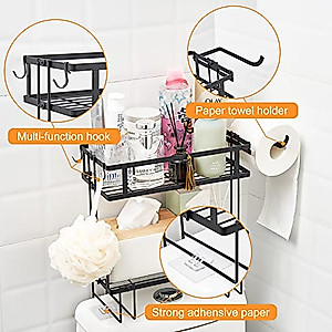 Bathroom Storage Shelf Over Toilet Organizer 2 Tier Storage Rack with Paper Holder Hooks Space Saver for Home Black