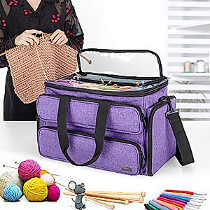 YARWO Knitting Bag, Yarn Storage Organizer Tote for Knitting Needles(Up to 14”), Crochet Hooks, Circular Needles, Projects and Skeins of Yarn, Purple (Bag Only)