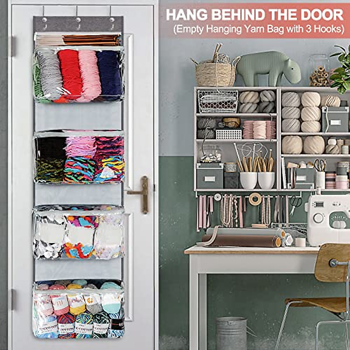 Coopay Yarn Storage Hanging Knitting Bag with 3 Hooks, Large Yarn Bag Organizer Dustproof Knitting Storage Organizer with 5 Separate Shelf, Closet Organizers and Storage for Knitting Crochet Supplies
