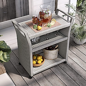 PayLessHere Outdoor PE Wicker Side Table Patio Coffee Table, Wicker Rattan Porch Coffee Table with Storage Shelf, Aluminum Frame, Gray