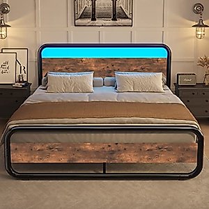 Catrimown King Bed Frame with Headboard LED Bed Frame King Metal Platform Bed Frame King Size Heavy Duty King Wood Platform Bed Frame Under Bed Storage Noise Free No Box Spring Needed