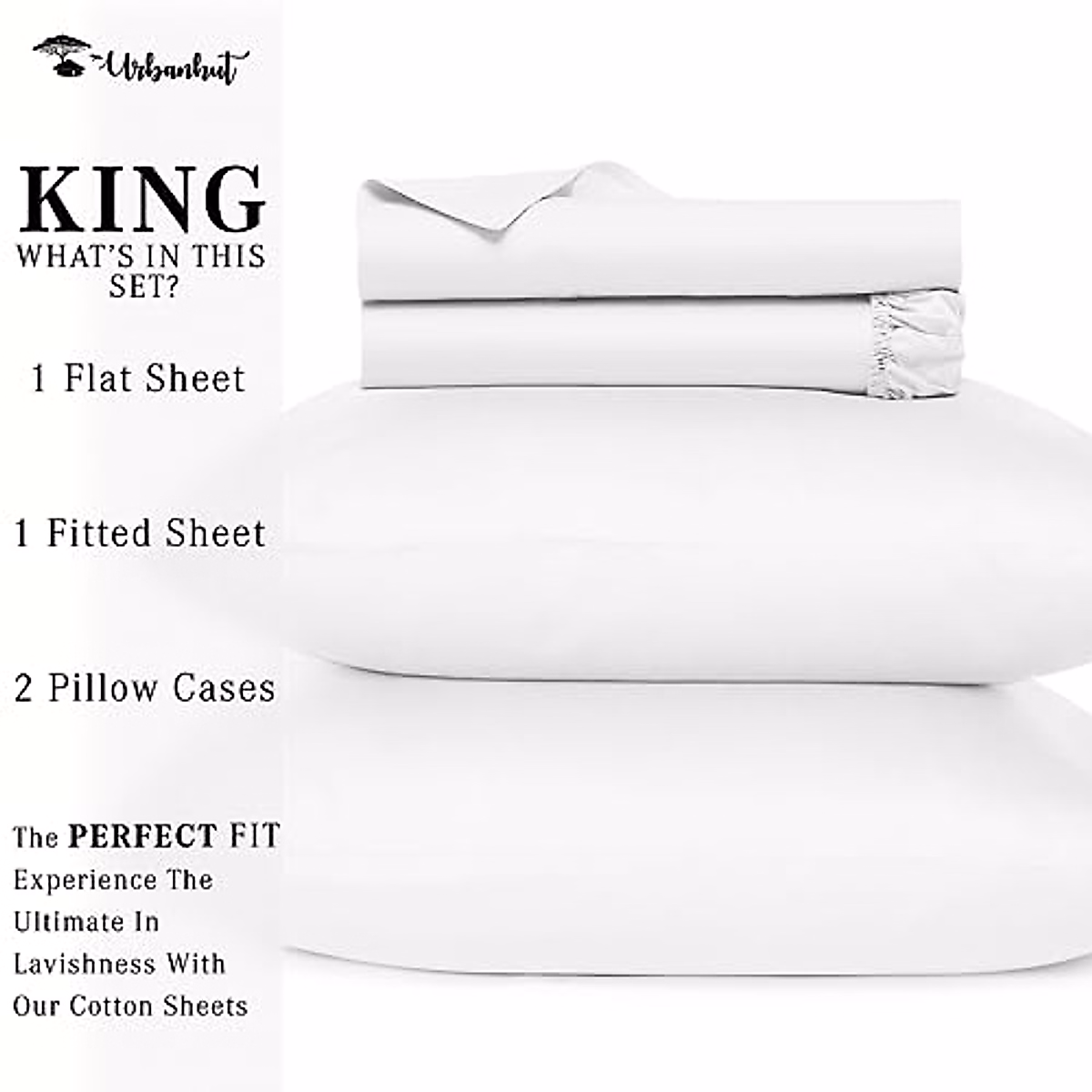 URBANHUT 400 TC Egyptian Cotton Sheets King Size, Sateen Weave Luxury Bedsheets for King Size Bed, 4 pc Bed Sheets Set, Cooling Sheets, with 16" Elasticized Deep Pockets, Hotel Sheets - White