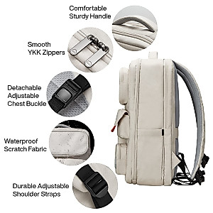 Mixi Travel Backpack for Women & Men 15.6'' Laptop Carry On Weekender Bag Outdoor Hiking with Multifunction Pockets 180° Open Water Resistant 18 Inch 22L, Moonlight White