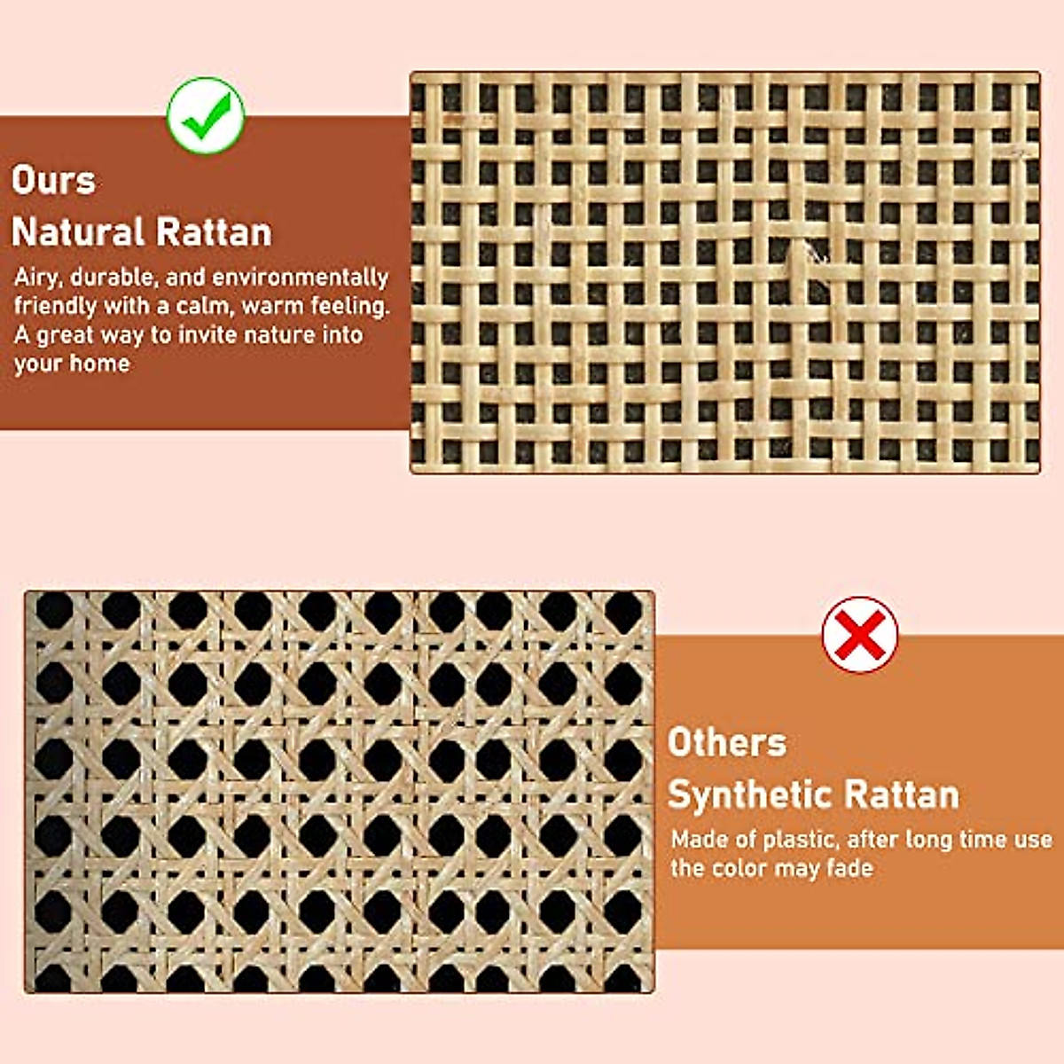 OKD 48" Coffee Table with Natural Rattan Drawers, Mid Century Modern 2-Tier Center Table with Open Storage Shelf, Boho Rectangular Wood Cocktail Table for Living Room, Cherry