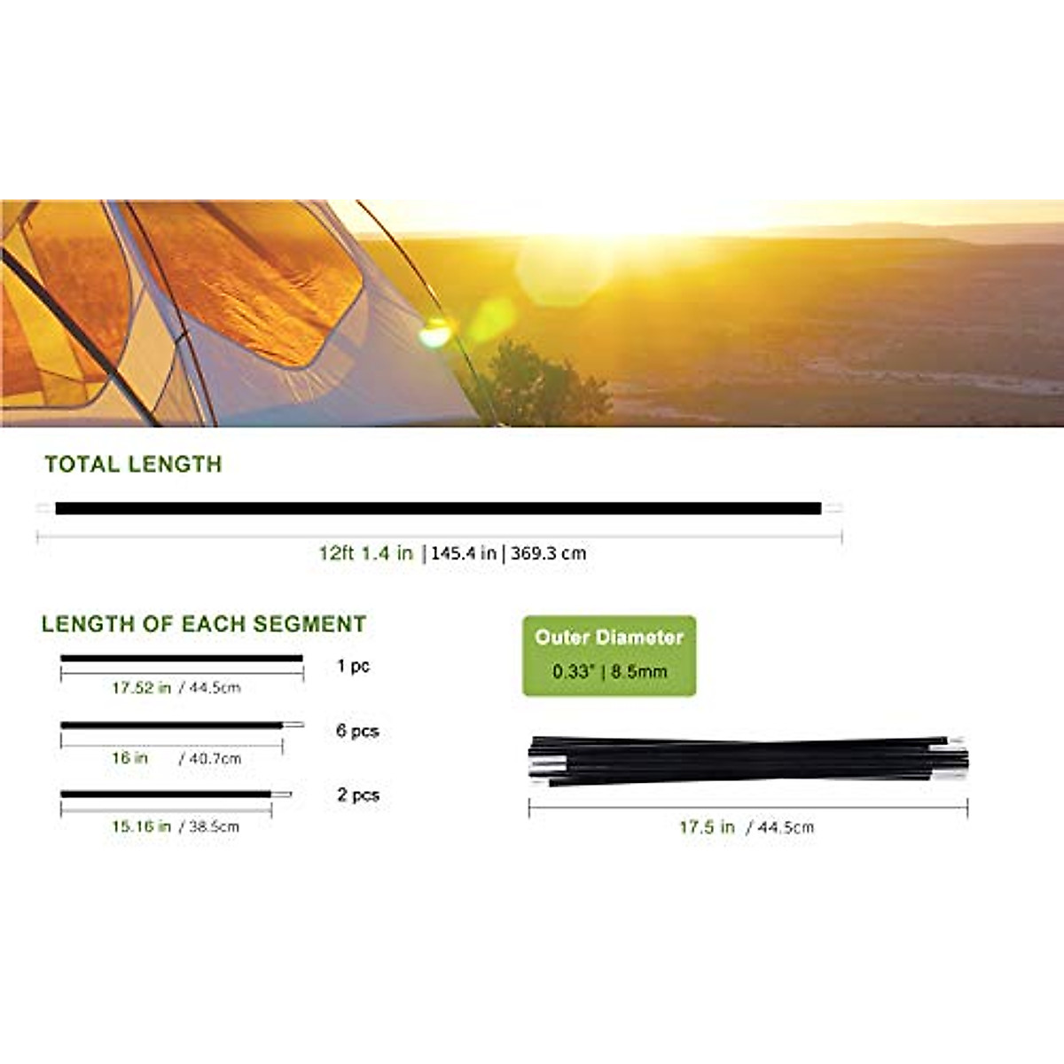 Pre-Assembled Aluminum Tent Pole 12ft 1.4in 8.5mm, Lightweight Tent Poles Replacement, BRILLIANCE4U 7001 T6 Tent Rod, Outer Dia. 0.33" 1 Pole Pack