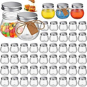 Yungyan 50 Pcs 4 oz Clear Plastic Jars with Lids, Wide Mouth Mason Jars Yogurt Jars with Lids and Tags Mini Storage Containers Bulk for Herb Jelly Wedding Favors Shower Party Favors(Silver Cap)