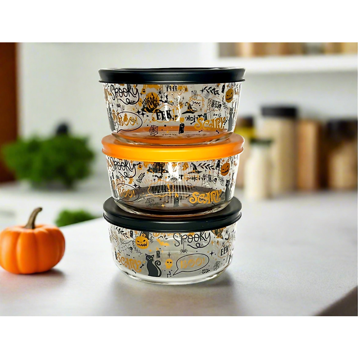 DURA LIVING Halloween Glass Food Storage Containers with Lids | Set of 6 (3 Containers + 3 Lids) 2-Cup | Spooky Design, BPA-Free, Microwave & Dishwasher Safe|Perfect for Meal Prep, Snacks & Leftovers