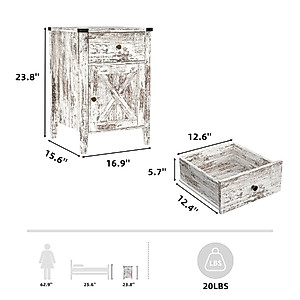 Betterhood Barnwood Rustic Farmhouse Nightstand Set of 2, Side Table with Barn Door and Drawers, Weathered Oak Style End Table for Bedroom, Grey Wash White (no Charging Station, 2)