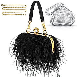 2 Pcs Feather Purse Clutch Ostrich Feather Evening Bag Rhinestone Purse Clutch Evening Bags for Wedding Anniversary Party (Black, Silver)