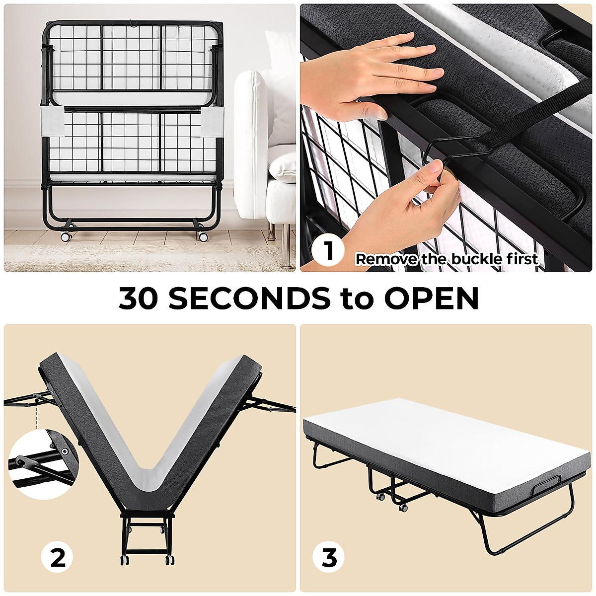 MAMIZO Portable Folding Bed with Mattress - 75" x 38" Twin Size Rollaway Bed with Mattress, with 4-inch Thick Luxurious Memory Foam Mattress and a Sturdy Metal Frame, Space Saving Roll Away Bed