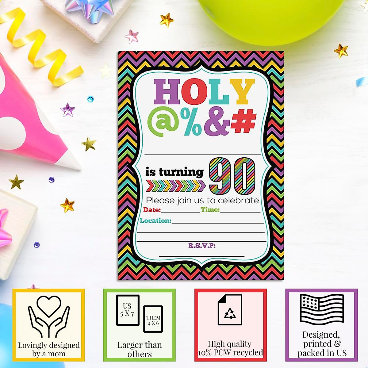 HOLY @% 90th Birthday Party Invitations, 20 Funny 5x7 Fill In Cards with Twenty White Envelopes for Milestone Birthdays by AmandaCreation