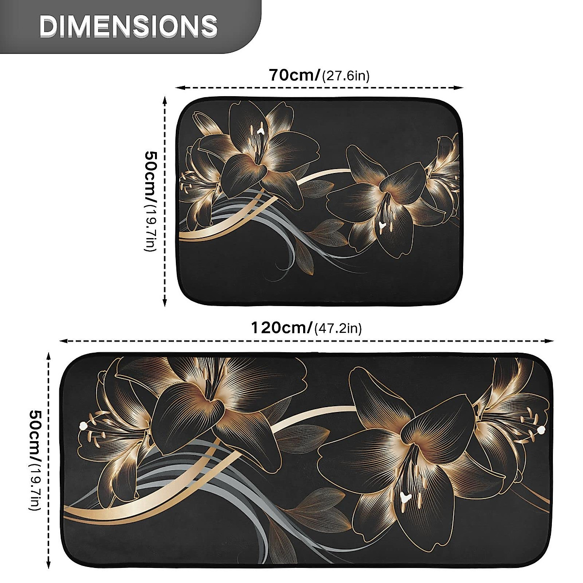 Kigai Kitchen Rugs 2 Piece Waterproof Non Slip Kitchen Mat Black Flower Kitchen Rug Set for Sink Office Kitchen Cafe, 19.7"x47.2"+19.7"x27.6"