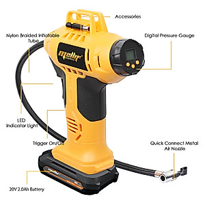 Tire Inflator Air Compressor, Compatible with Mellif 20V Battery, 160 PSI Cordless Portable Electric Air Pump with Mellif 20V Battery & Charger, Digital Pressure Gauge for Car, Bike, Sport Ball