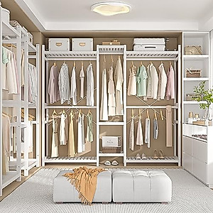 Homykic Bamboo Clothes Rack, Large Closet System Clothing Rack for Hanging Clothes, Freestanding Garment Rack with Shelves and 5 Rods, Open Wardrobe Organizer with 4 Hooks, 70”Wx77”H, White