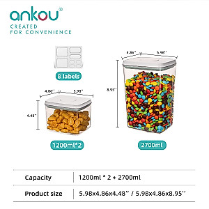 Ankou Pop Airtight Food Storage Containers, Stackable Organizing with Lids for Kitchen Pantry Cereal Snack Sugar Coffee - 3 Pcs (1.2 * 2 qt, 2.7 qt)