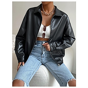 MakeMeChic Women's Faux Leather Shacket Long Sleeve Zip Up Motorcycle Jacket Biker Coat Zip Black S