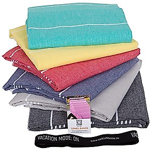 Clotho Turkish Beach Towel Set of 6 with 2 Towel Bands - Quick Dry Beach Towels Oversized Sandproof - 100% Cotton 39x70 - Extra Large Light Travel Towel Giftable Beach Essential
